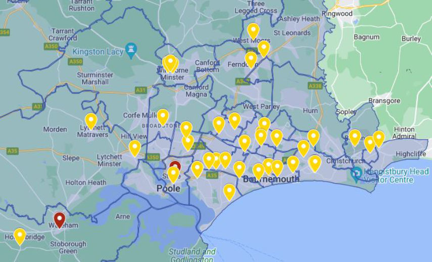 Find a police station front desk in Dorset using interactive map